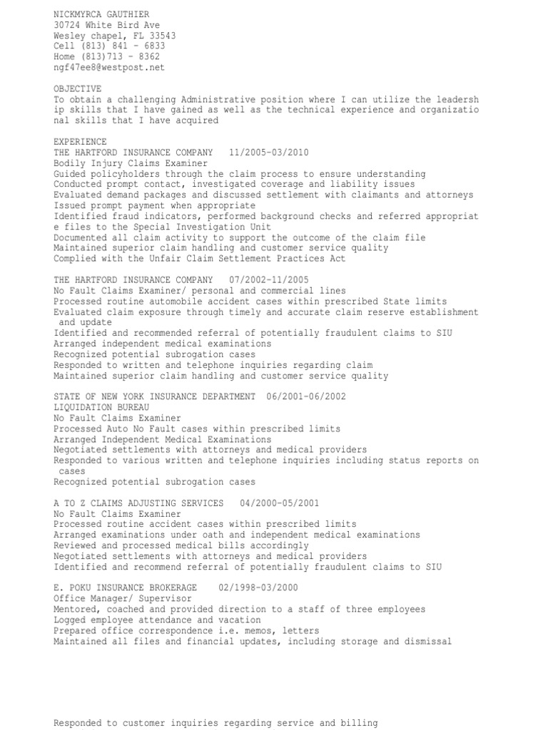 Auto Claims Adjuster or Bodily Injury Claims Examiner or No Faul | PDF ...