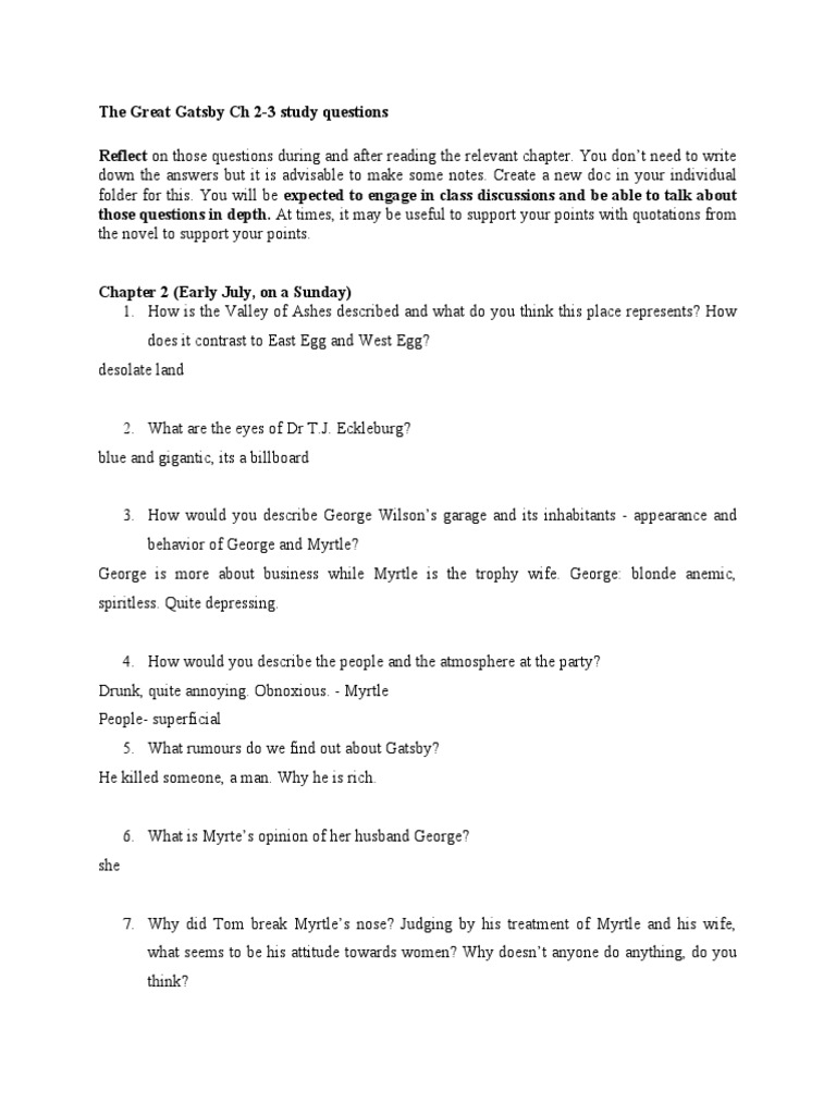 CH 2-3 Gatsby Study Questions | PDF | The Great Gatsby