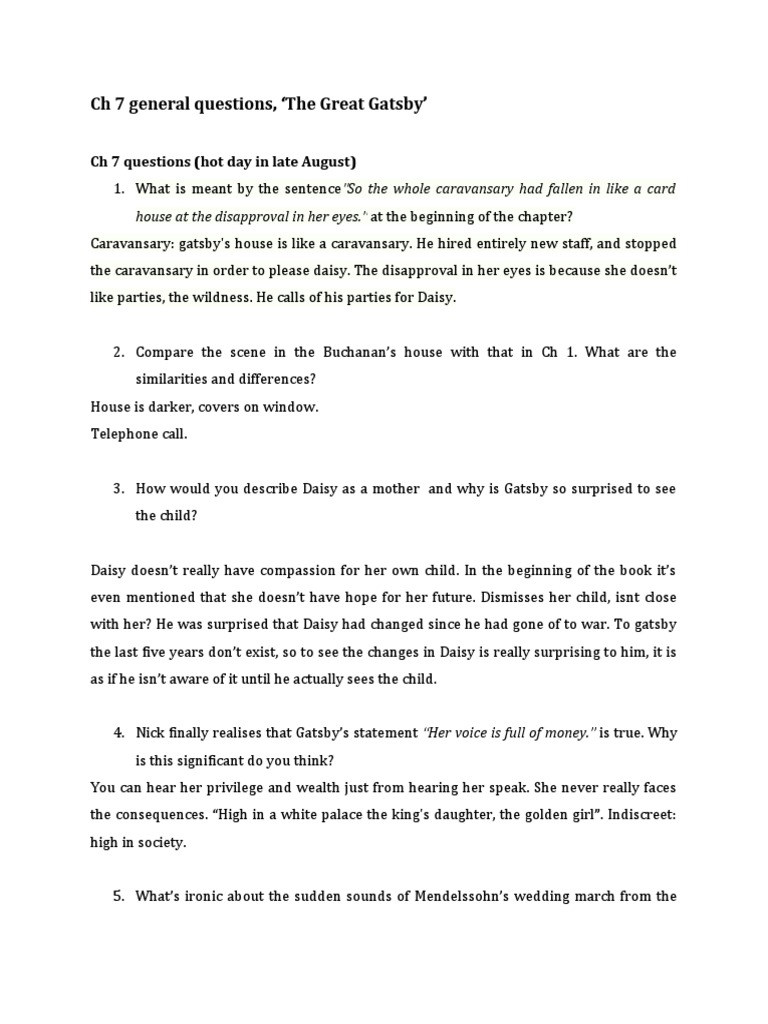 CH 7 Gatsby Study Questions | PDF | The Great Gatsby