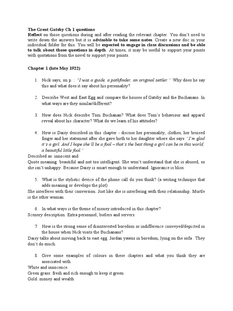 CH 1 Gatsby Study Questions | PDF | The Great Gatsby