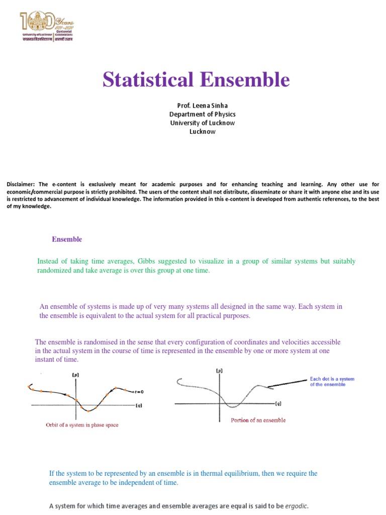 Statistical Ensemble: Prof. Leena Sinha Department of Physics ...