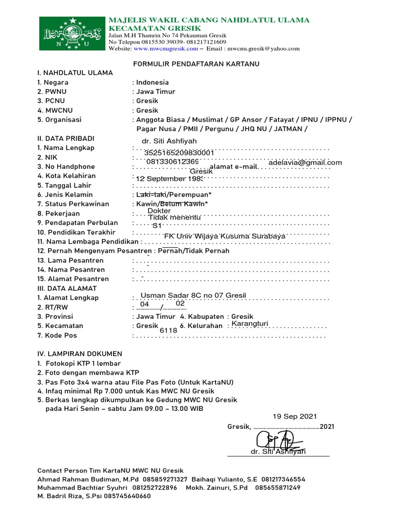 Formulir Kartanu MWC Nu Gresik | PDF