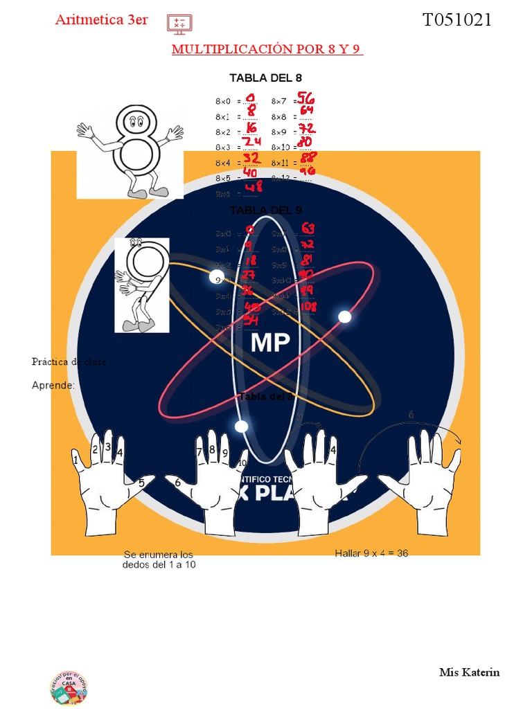 Multiplicación por 8 y 9: Tablas, ejercicios y tarea domiciliaria | PDF