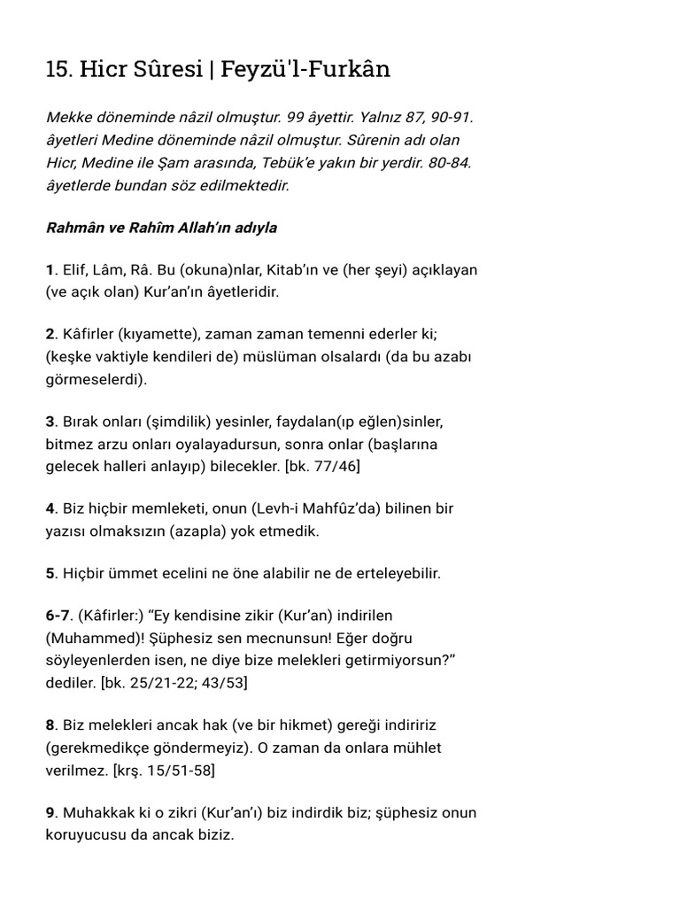 Hicr Sûresi - Feyzü'L-Furkân | PDF