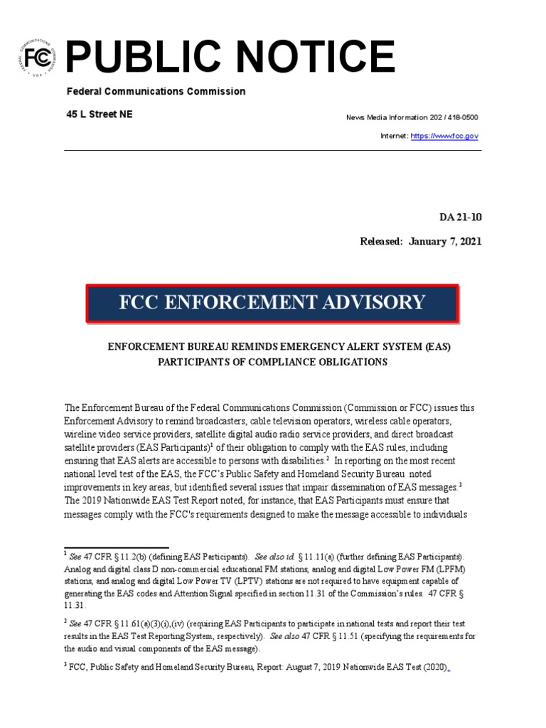Public Notice: C Enforc FCC E FCC Enforcement Advisory | PDF | Federal ...