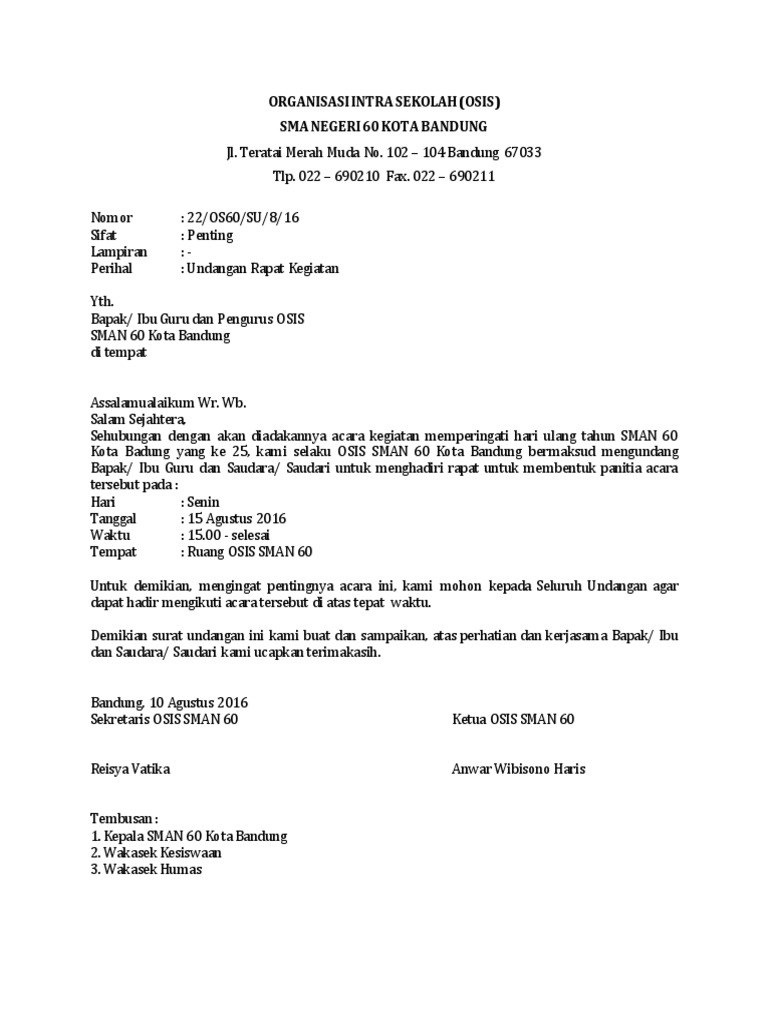 Contoh Surat Tembusan Kegiatan OSIS | PDF