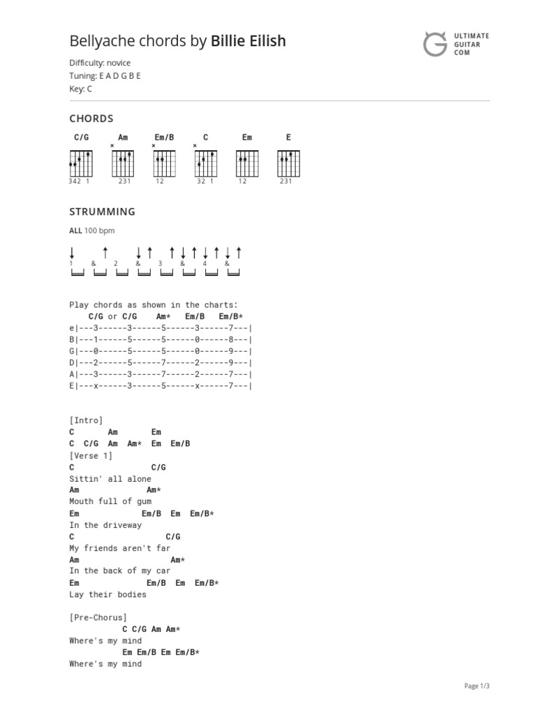 Bellyache chords by Billie Eilish: Guitar chords, strumming pattern and lyrics for the song | PDF