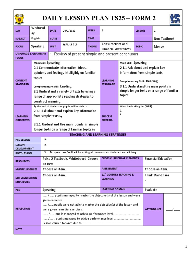 TS25 F2 Lesson Plan | PDF | Lesson Plan | Neuropsychological Assessment