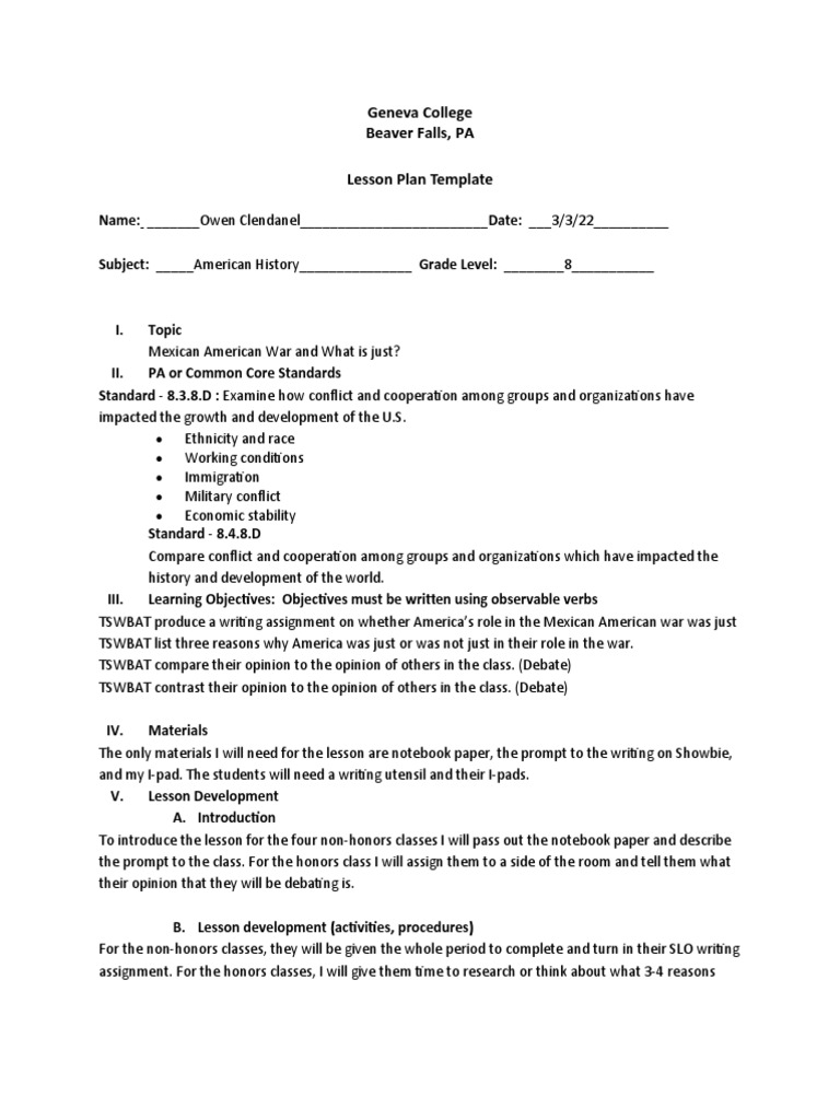 Geneva College Beaver Falls, PA Lesson Plan Template | Download Free ...