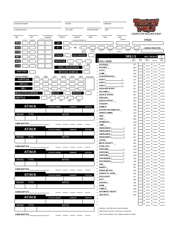 Thieves World D20 OGL Character Sheet | PDF | Role Playing | Adventure ...