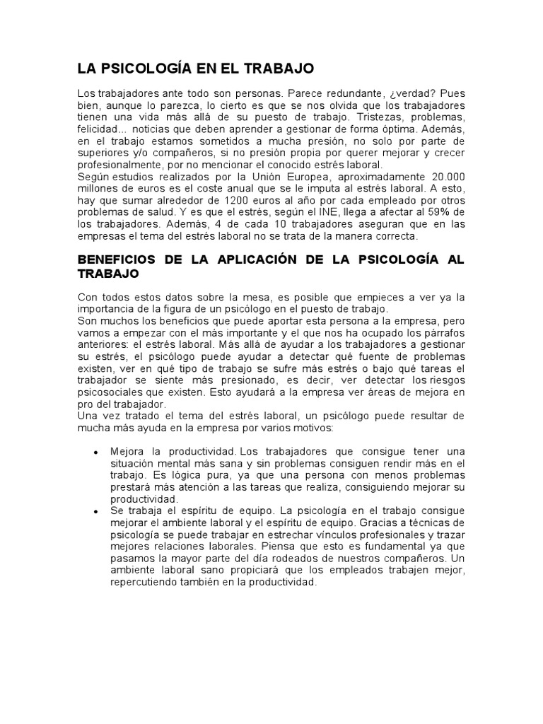 Importancia de La Psicología en El Trabajo | PDF | Sicología | Gestión ...
