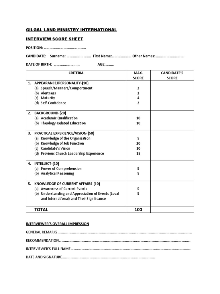 Gilgal Land Ministry Interview Score Sheet | PDF