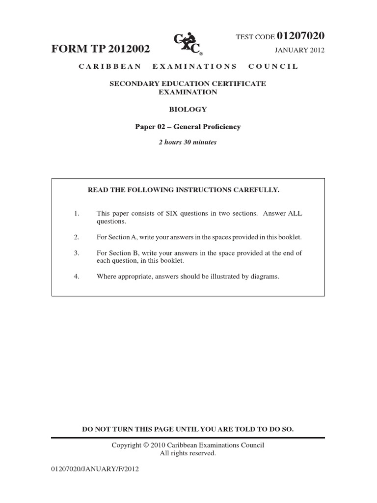 Csec Biology January 2012 P2 Pdf Sex Male