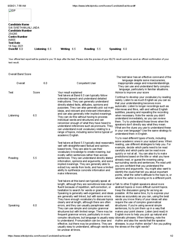 Candidate Name Candidate Number Centre Number Test Date Overall 6.0 ...