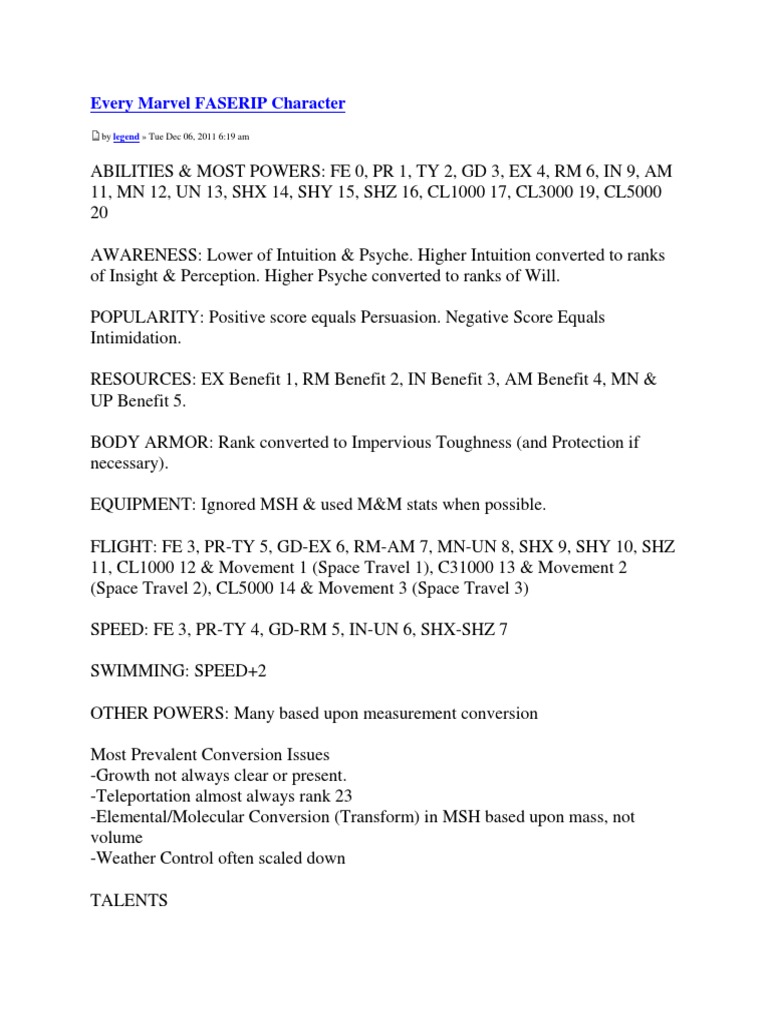 M&M 3e - Marvel FASERIP Character Conversion To M&M 3e (06-Dec-2011) | PDF