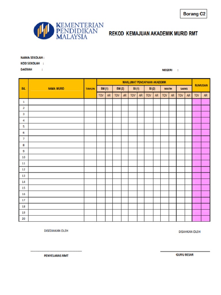 Borang Akademik Dan Berat Murid RMT 2022 | PDF