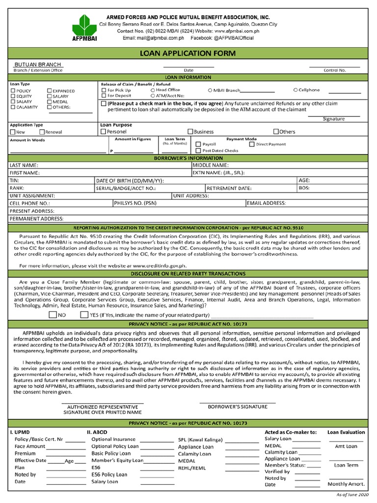 Afpmbai Loan Form - Rev. Aug 2020 | PDF