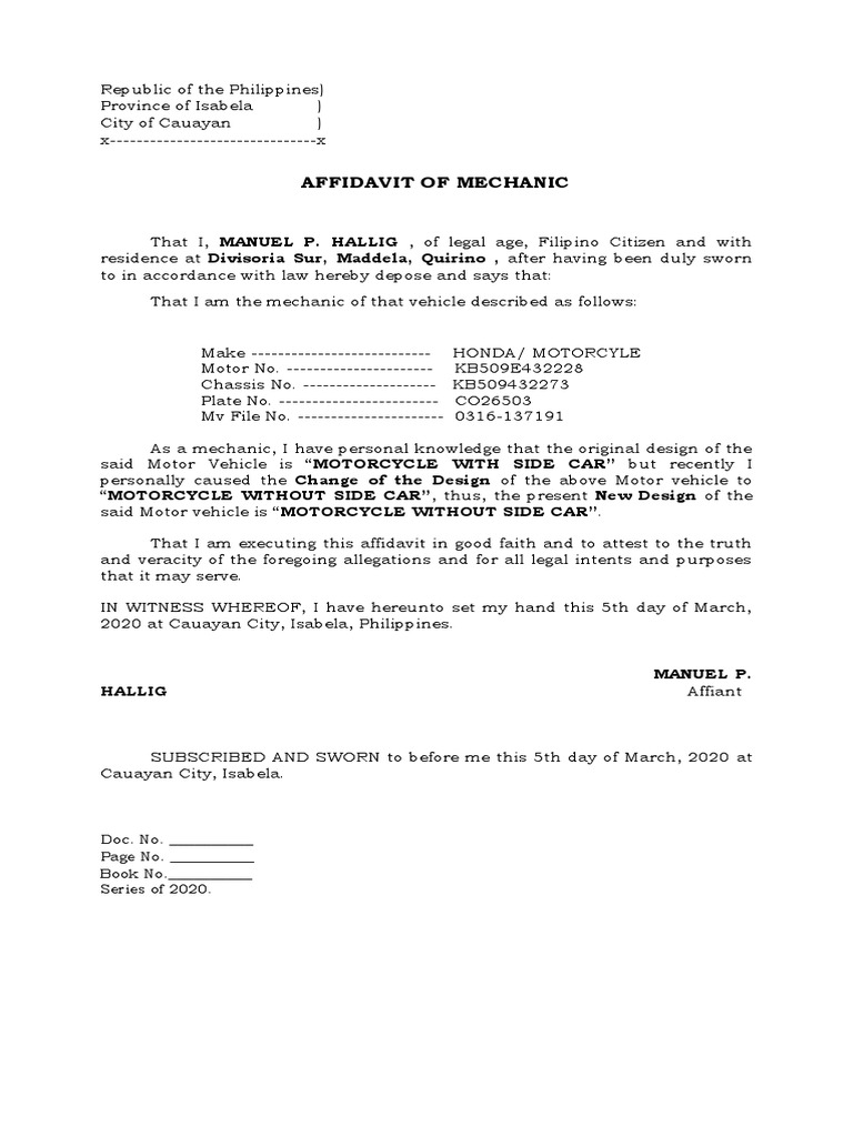 Affidavit of Mechanic: Hallig | PDF