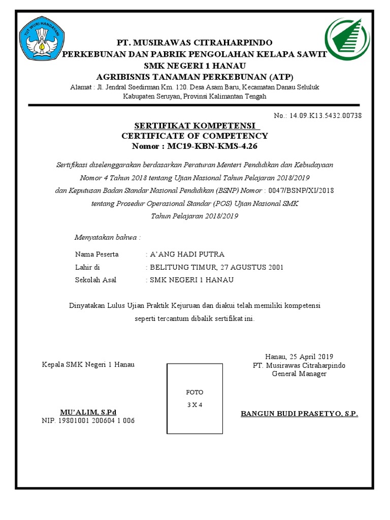 Contoh Sertifikat UKK | PDF