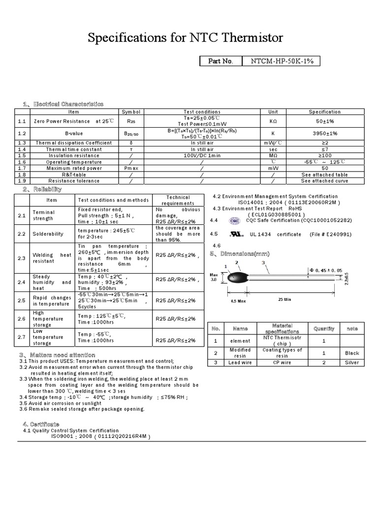 Specifications For NTC Thermistor Specifications For NTC Thermistor ...
