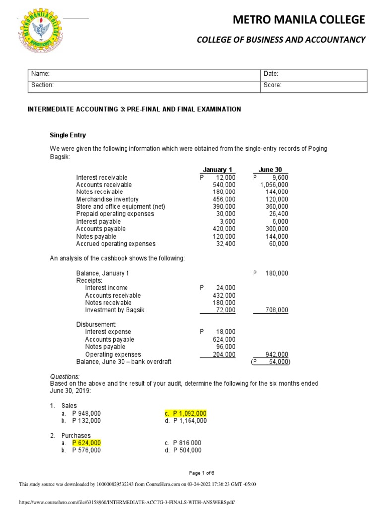 Intermediate Acctg 3 Finals With Answers PDF | PDF | Investing | Expense