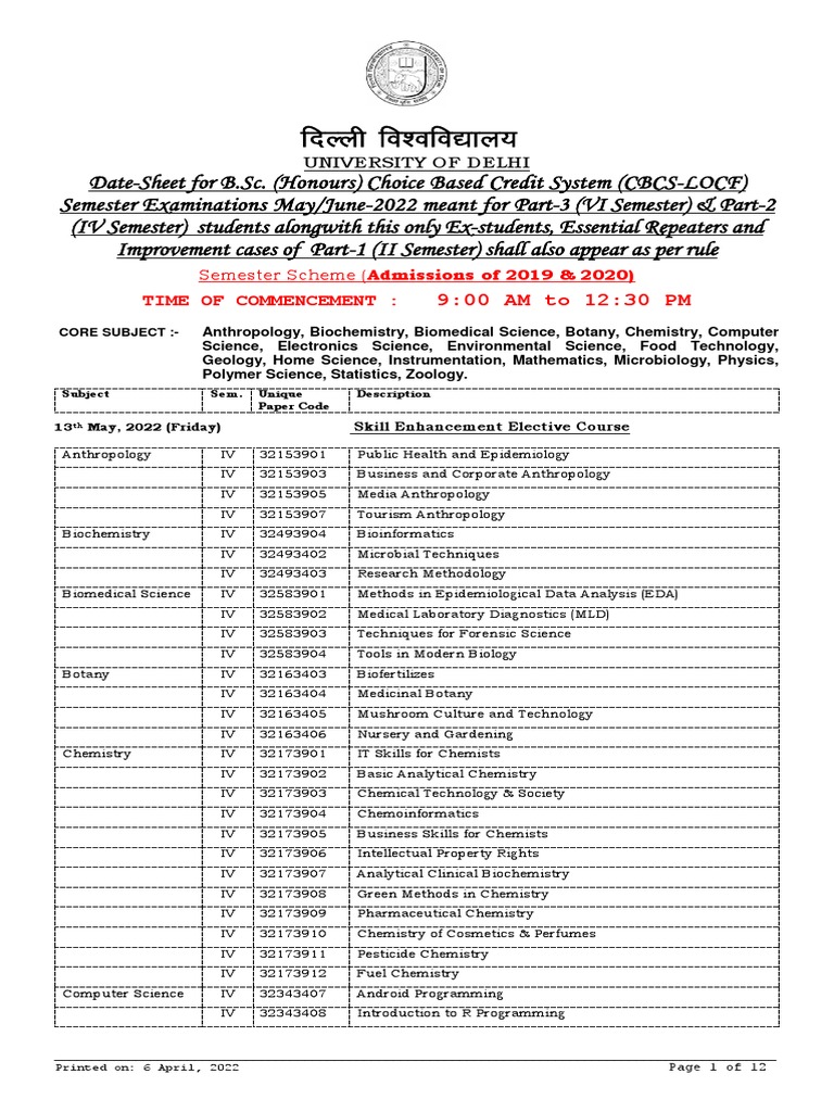 B.sc. (H) 2022-Sem.-Ii-Iv-Vi (CBCS) 2019-2020-07-04-2022 | PDF | Science | Zoology