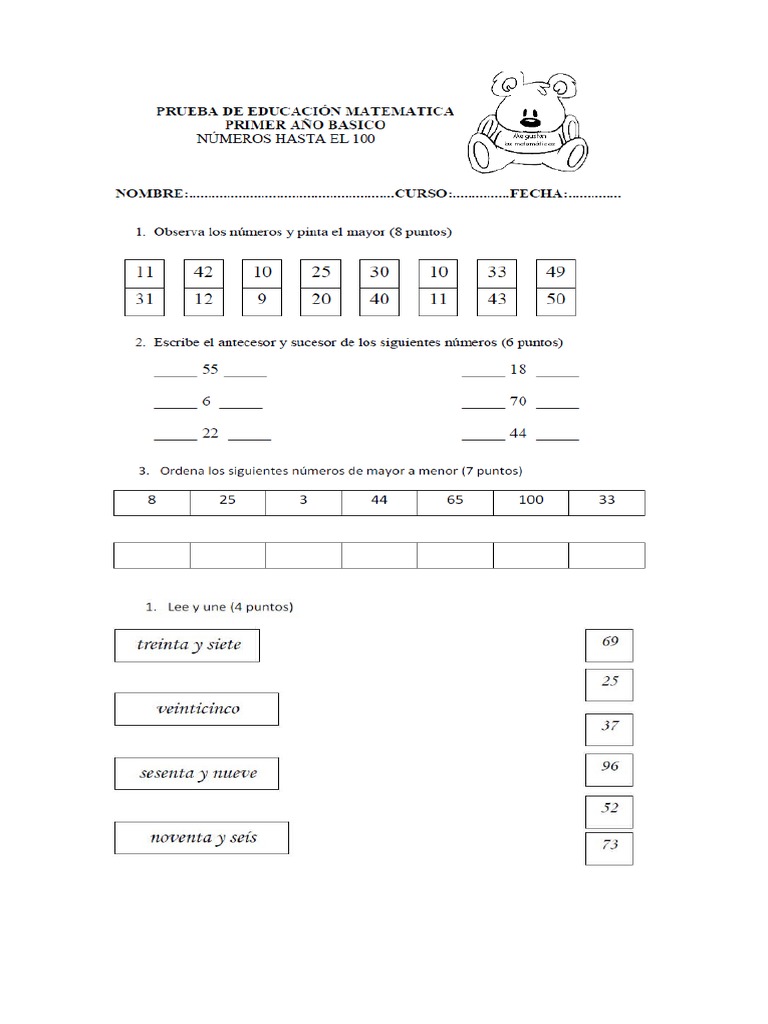 Prueba Matemática Hasta El 100 | PDF