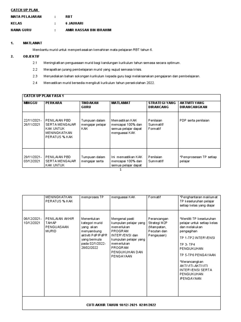 Catch Up Plan RBT Tahun 6 Jauhari | PDF