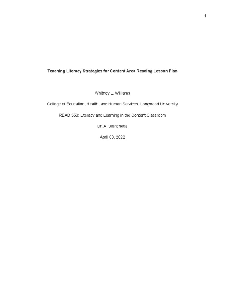 Teaching Literacy Strategies For Content Area Reading Lesson Plan | PDF ...