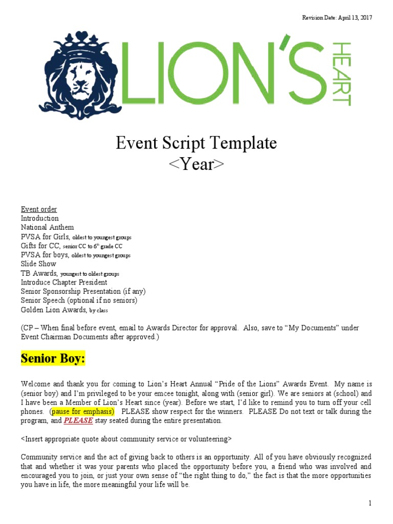 Event Script Template : Senior Boy | PDF
