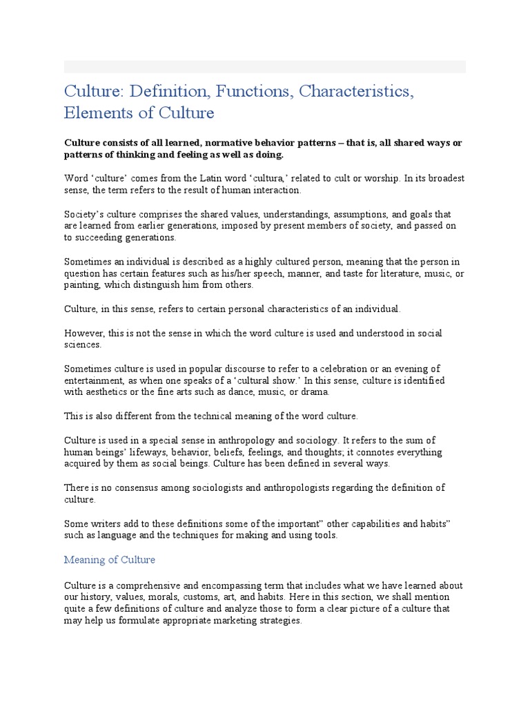 Culture: Definition, Functions, Characteristics, Elements of Culture ...