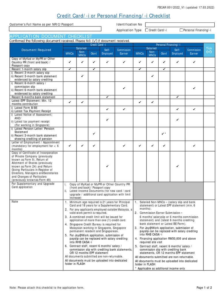 Credit Card/-I or Personal Financing/-I Checklist | PDF | Service ...