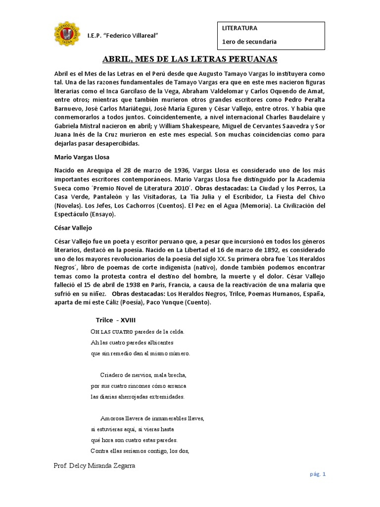 Abril, Mes de La Letras 7 de Abril | PDF | Literatura en español ...