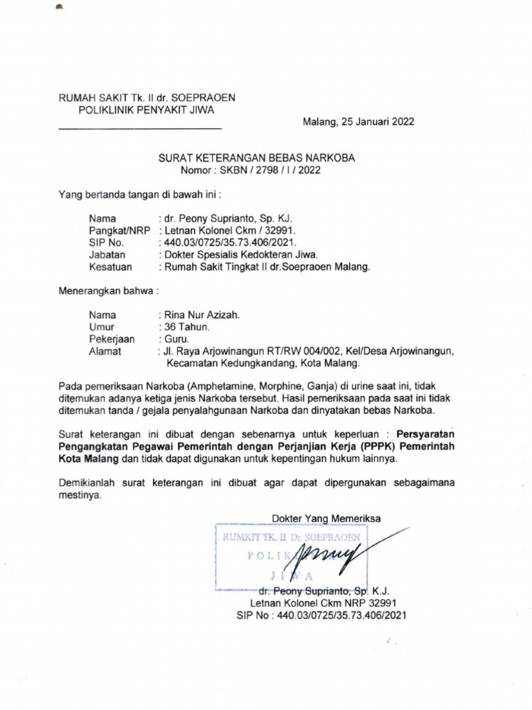 Surat Keterangan Bebas Narkoba | PDF