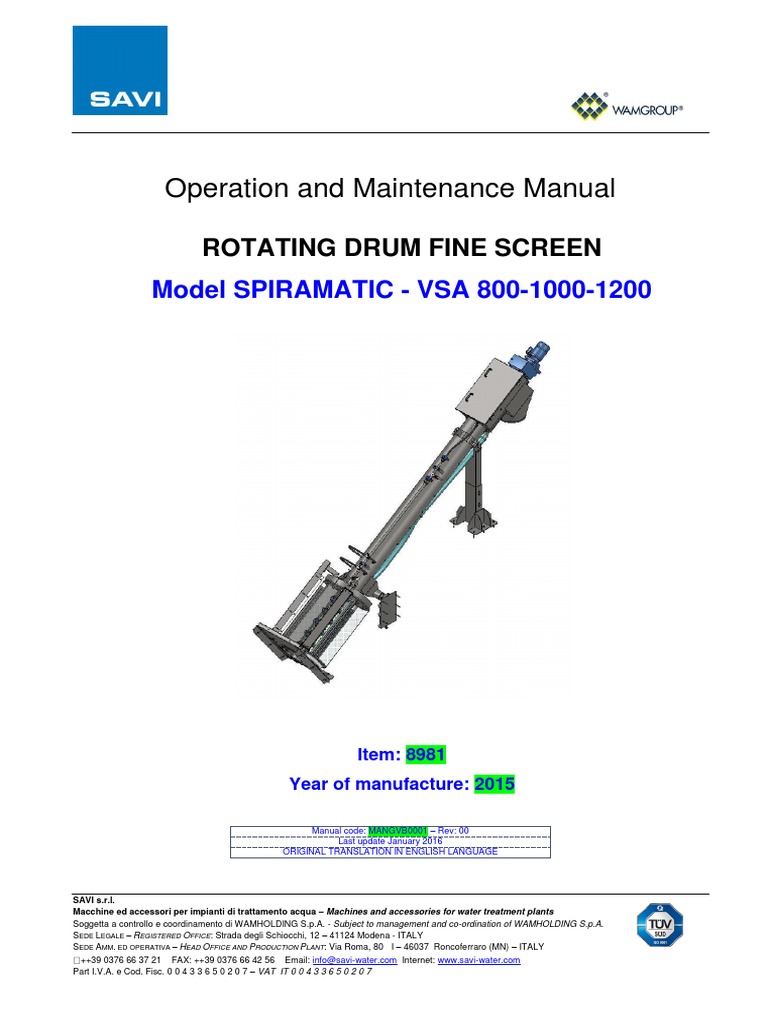 VSA 800 Rotating Drum Screen Manual | PDF | Machines | Personal ...