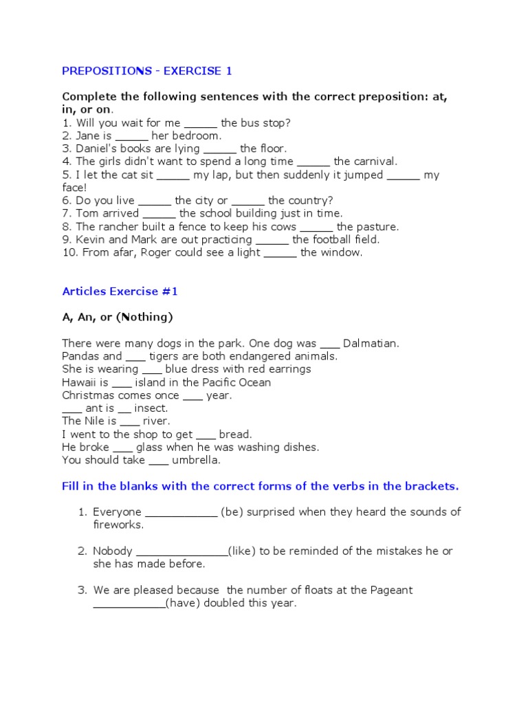 Complete The Following Sentences With The Correct Preposition: At, In, or On | PDF | Language ...
