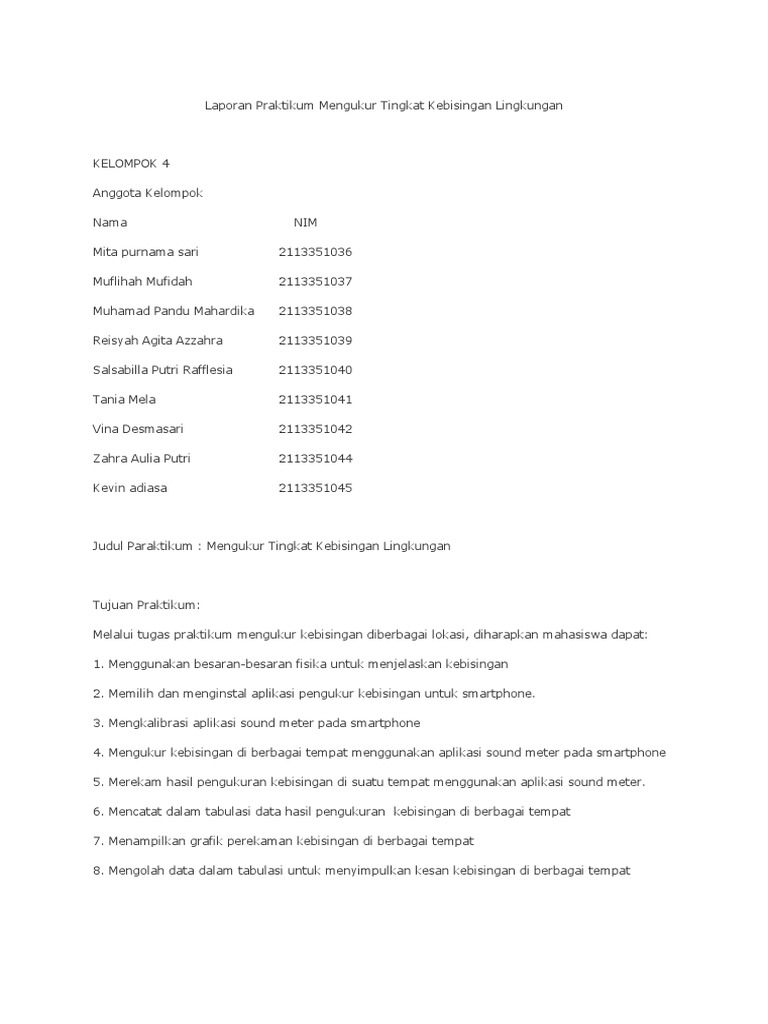 Laporan Praktikum Pengukuran Kebisingan Kelompok4 Fisika Linkungan | PDF