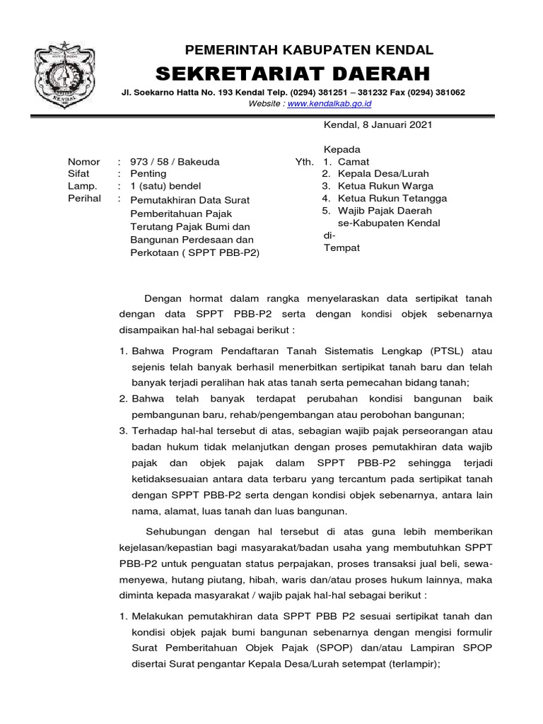 Surat Update Data SPPT PBB-P2 | PDF