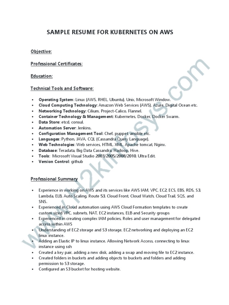 Sample Resume For Kubernetes On Aws: Objective: Professional ...