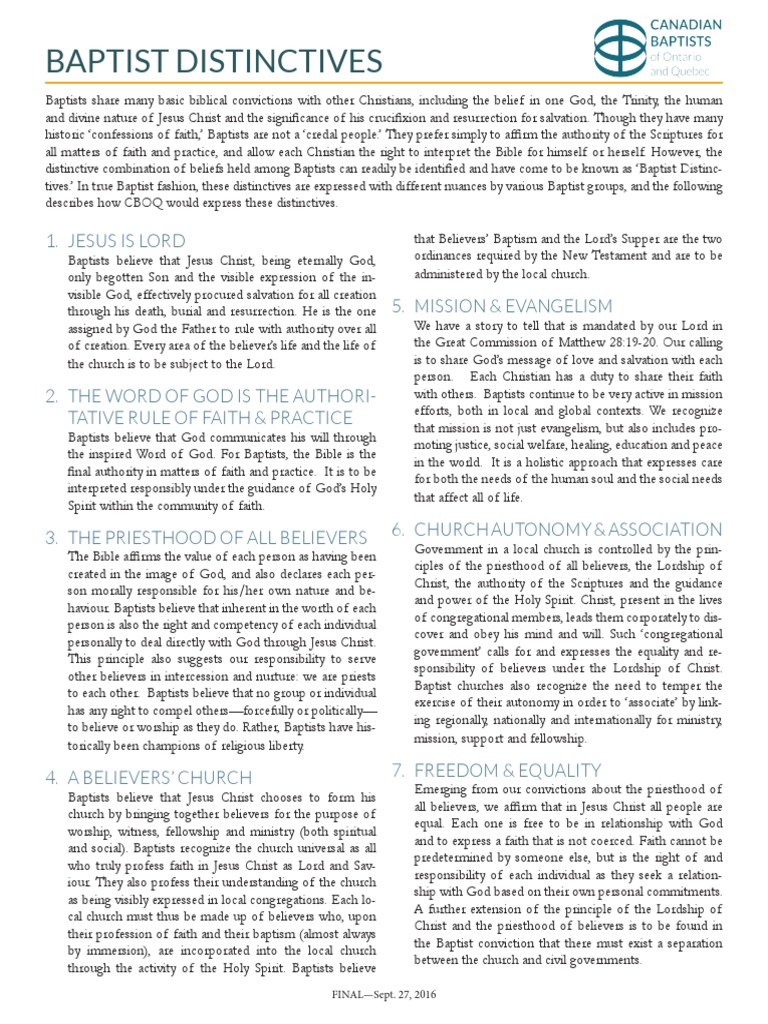 Baptist Distinctives | PDF | Baptism | Baptists