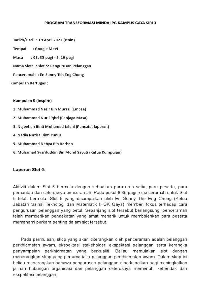 Laporan Program Transformasi Minda | PDF