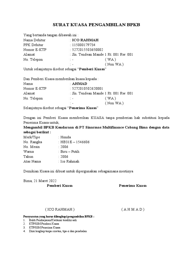 Surat Kuasa Pengambilan BPKB | PDF | Hukum