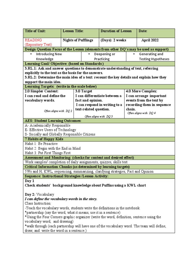 Nights of the Pufflings Lesson Plan | PDF | Reading Comprehension ...