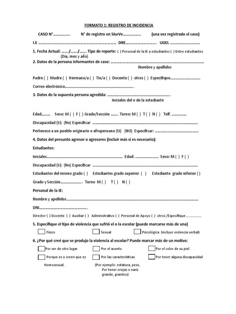 FORMATO 1 y 2 Libro de Registro de Incidencia | PDF | Violencia
