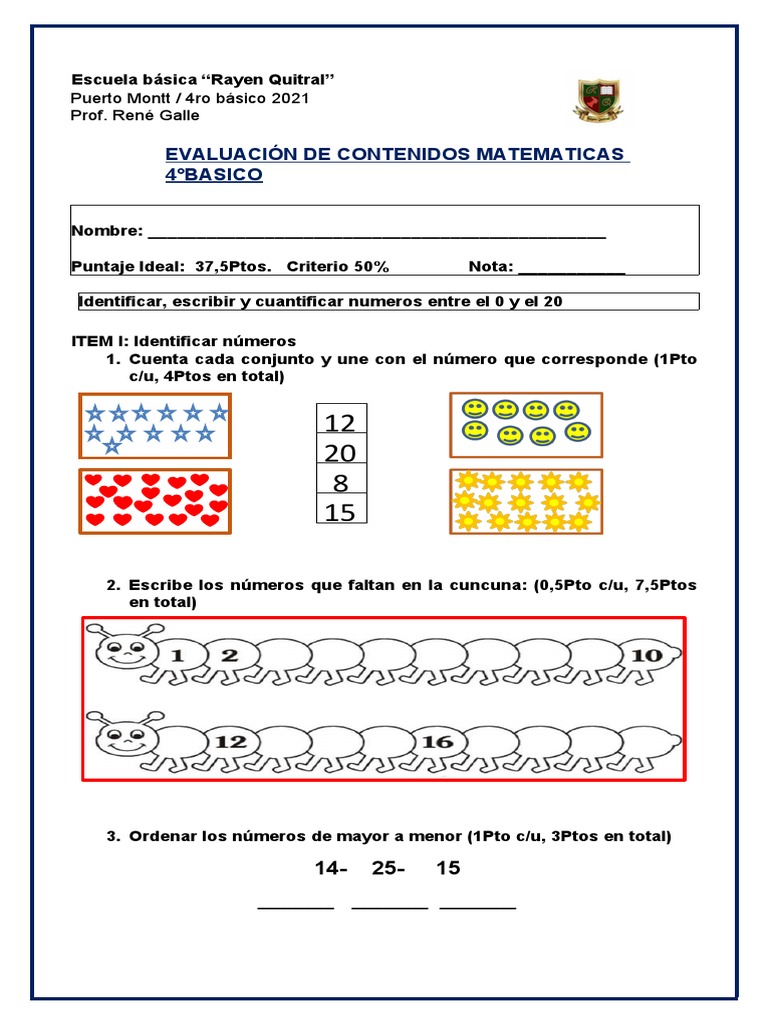 Evaluación Matemáticas 4° Básico 2021 | PDF