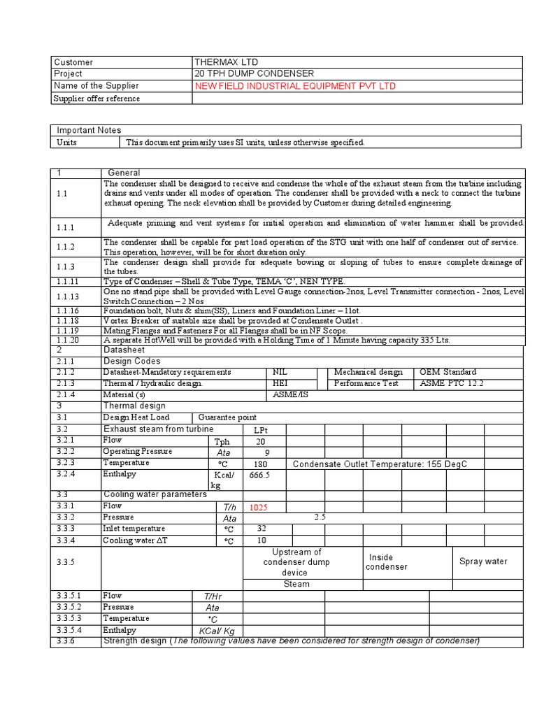 20TPH Dump Condenser Datasheet 12-1-2022 | PDF | Pipe (Fluid Conveyance ...