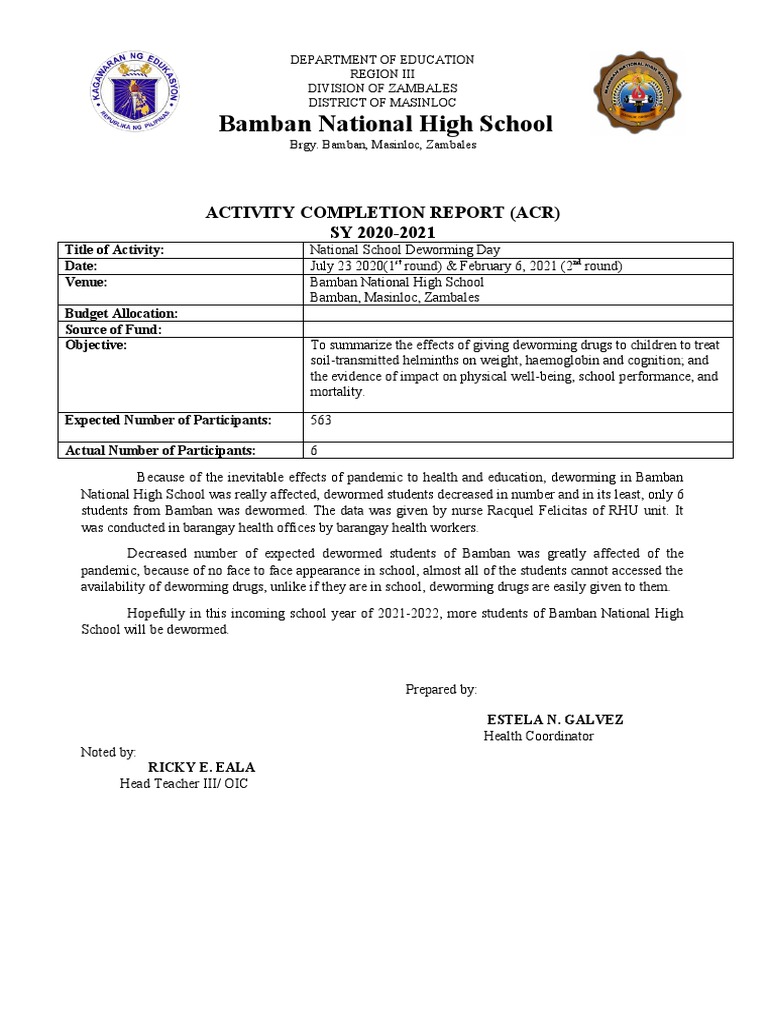Bamban National High School: Activity Completion Report (Acr) SY 2020-2021 | PDF