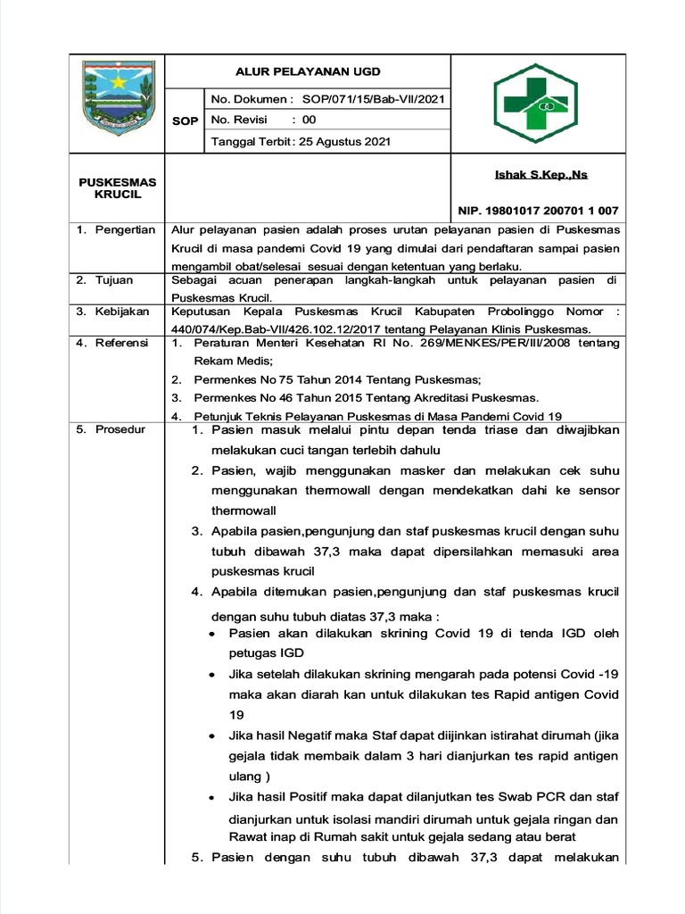 PDF Sop Alur Pelayanan Ugd Pandemi Covid 19 DL | PDF