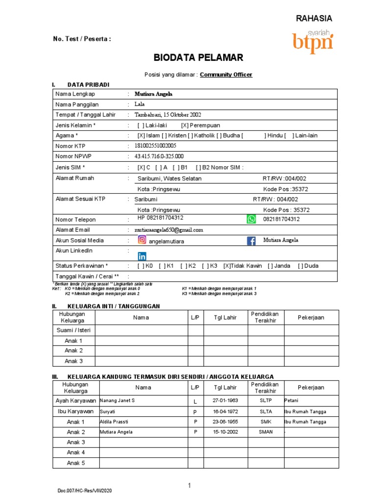 Form Biodata Pelamar New 202008 - Final | PDF