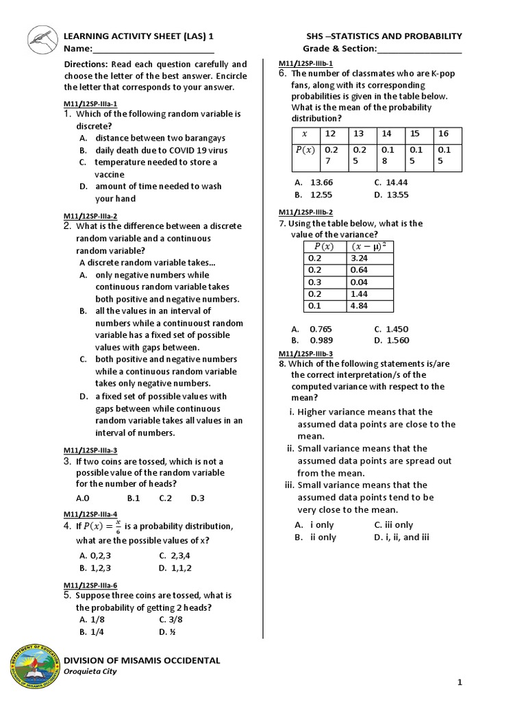 Learning Activity Sheet (Las) 1 Shs - Statistics and Probability Name ...